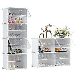UNZIPE Shoe Rack, 8-Tier Shoe Storage Cabinet 16 Pair Free Standing Shoe Racks Plastic Shoes Shelves DIY Cube Organizer for Closet Hallway Bedroom Entryway Garage, White