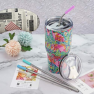 30 oz Tumbler with Lids and Straws,18/8 Stainless Steel Vacuum Insulated Coffee Tumbler,Insulated Travel Mug Water Cup with Leak-Proof Straw Lid & Flip Lid,3 Metal Straws,1 Cleaning Brush & Gift Box