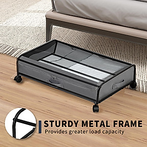 STO STO Under Bed Storage with Wheels, 1 Pack Under Bed Drawer Storage Organizer with Clear Lid and Handles, Metal Frame Under Bed Rolling Storage Containers for Clothes Shoes Blankets, Gray