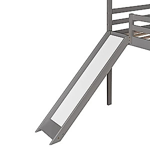 LostCat Twin Size Loft Bed with Slide, House Shaped Solid Pine Wood Bed Frame with Safety Guardrail & Ladder, No Box Spring Needed, Save Space Design for Kids, Teens, Girls, Boys, Grey