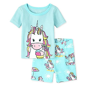 The Children's Place baby girls The Children's Place Toddler Unicorn Short Sleeve Top and Shorts Snug Fit 100% Cotton 2 Pajama Set, Unicorn Ice Cream, 6-9 Months US