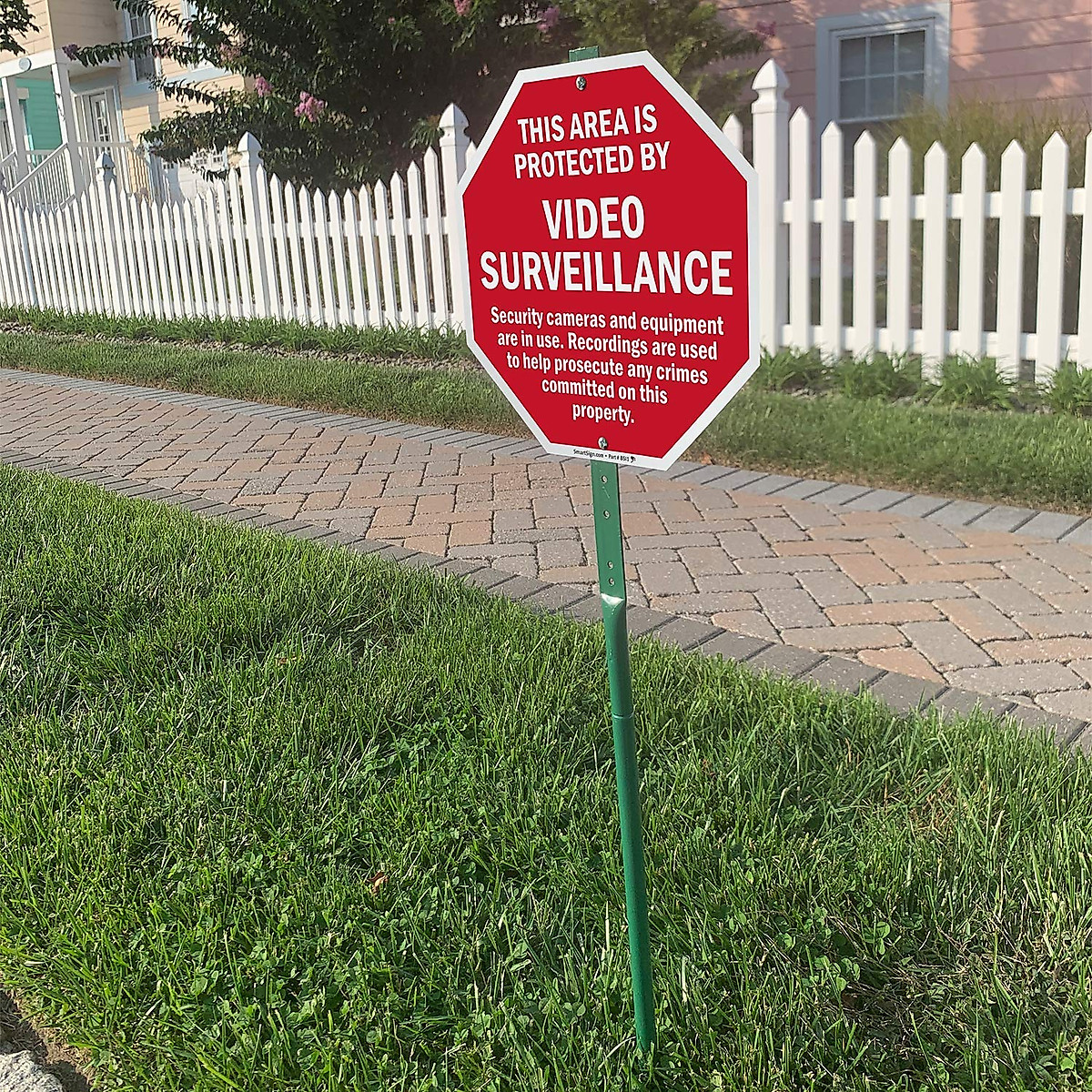 SmartSign "This Area Is Protected By Video Surveillance" LawnBoss® Sign | 10" x 10" Aluminum Sign With 3' Stake