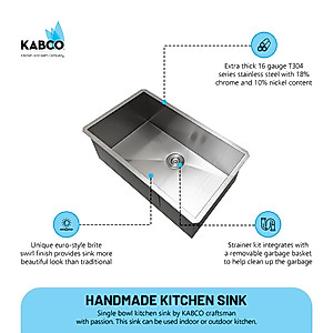 KABCO 28 Inch Single Bowl Stainless Steel Handmade Kitchen Sink with Sink Strainer, Sink Grid, a Rolling Up Grid, and Bamboo Cutting Board, Rust Resistant Sound, and Heatproof 16 Gauge Undermount Sink