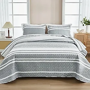 Andency California King Quilt Set Grey White (112x104 Inch), 3 Pieces (1 Cal King Patchwork Striped Printed Quilt and 2 Pillowcases), Soft Lightweight Reversible Microfiber Bedspread Coverlet Bedding