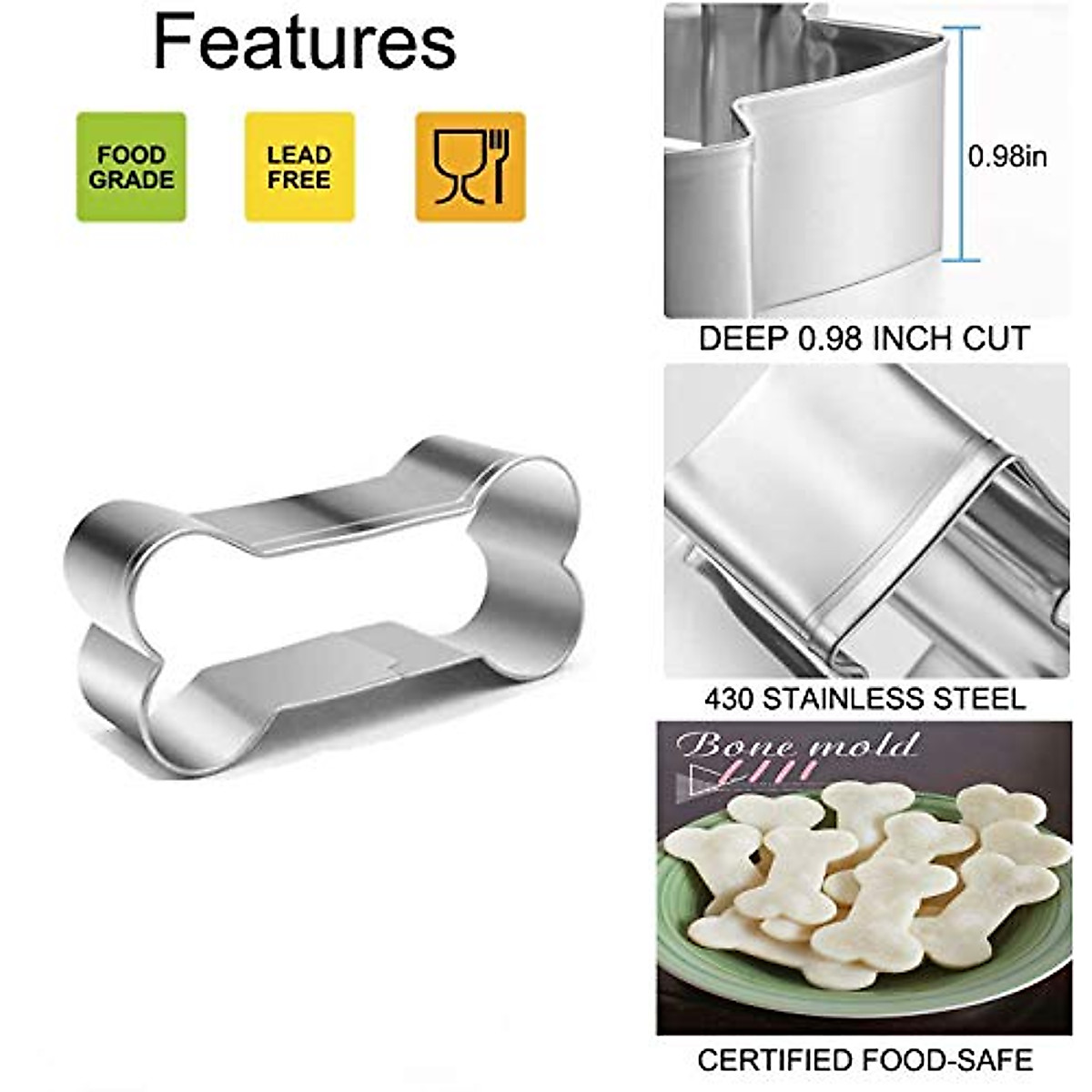 6 Pieces Dog Bone Cookie Cutters, Bone Shape Cookie Cutters set Stainless Steel Biscuit Mold for Dog Cat Homemade Treats 5", 4.5", 3.5", 3.25", 2.15"