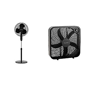 PELONIS 16'' Pedestal Remote Control, Oscillating Stand Up Fan 7-Hour Timer, Supreme 16"-Black & PFB50A2ABB-V 3-Speed Box Fan for Full-Force Circulation with Air Conditioner, Black, 2020 New Model