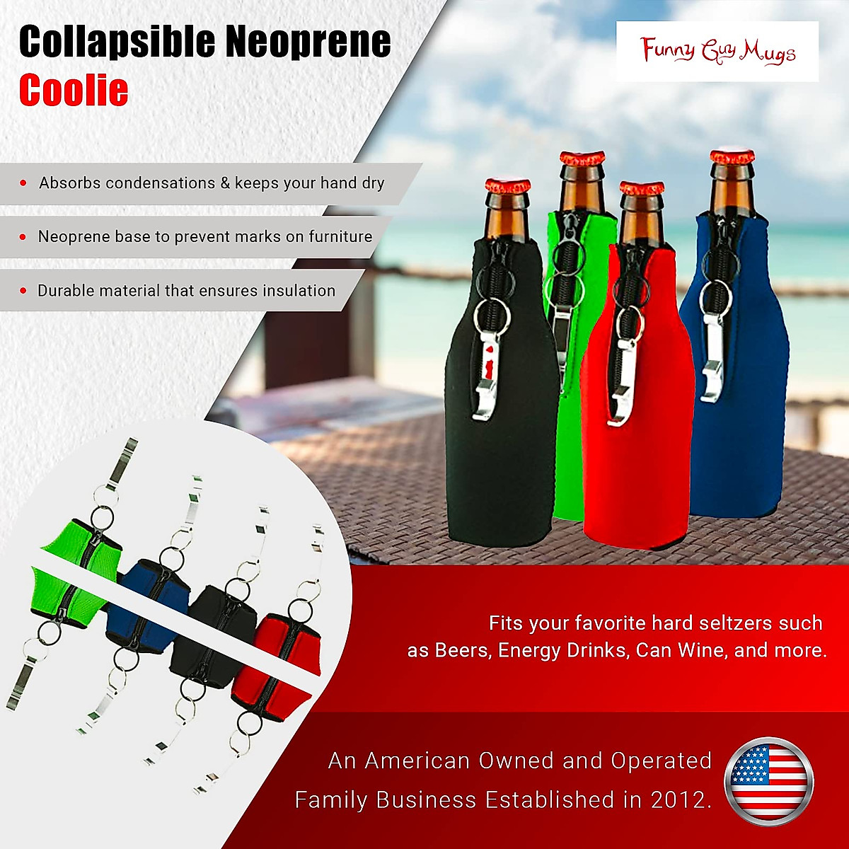 Funny Guy Mugs Premium Plain Collapsible Neoprene Bottle, Mullti-Colored, Set of Four With Bottle Openers