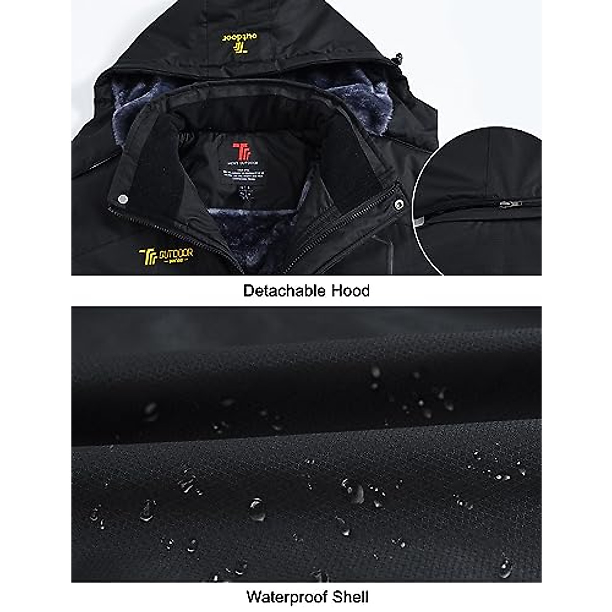 Rdruko Men's Ski Snow Jacket Waterproof Insulated Fleece Outdoor Mountain Hooded Winter Coat(Black, US XL)