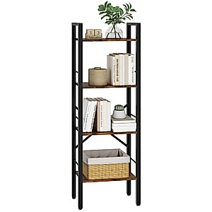 Tajsoon 4 Tier Bookshelf Industrial Ladder Shelf, Tall Skinny Bookshelf with Wood, Freestanding Thin Bookshelf for Home Office, Living Room, Bedroom, Metal Frame, Rustic Brown