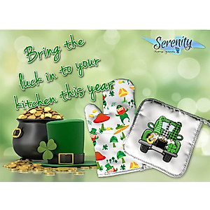St Paddys Day | Saint Patricks Day | Spring Decorative Kitchen Hot Plate Pot Holder Oven Mitt Set | Leprechaun Shamrock Clover Green Gold Gnome | Cute Decoration