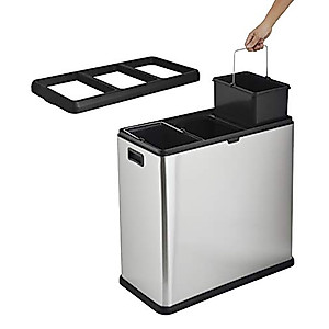Step N' Sort 16 Gal, 3 Compartment Open Top Trash and Recycling Bin, Silver (OPN603)
