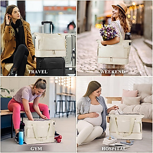 Gym Bag for Women, Sports Travel Duffel Bag with USB Charging Port, Weekender Overnight Bag with Wet Pocket and Shoes Compartment for Women Girls Travel, Gym, Yoga, School (Off White)