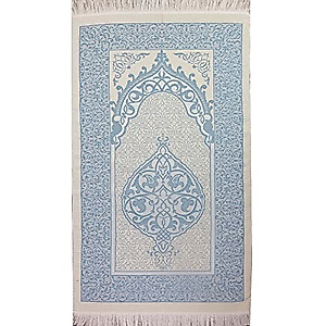 Modefa Islamic Prayer Mat Thin Woven Chenille and Taffeta Turkish Sajadah Intricate Design Metallic Ottoman Mat (White/Blue + White/Pink)