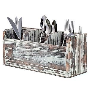 MyGift Torched Wood Kitchen Utensil Holder for Countertop with 3 Compartments, Coffee Bar Condiment Organizer Tray