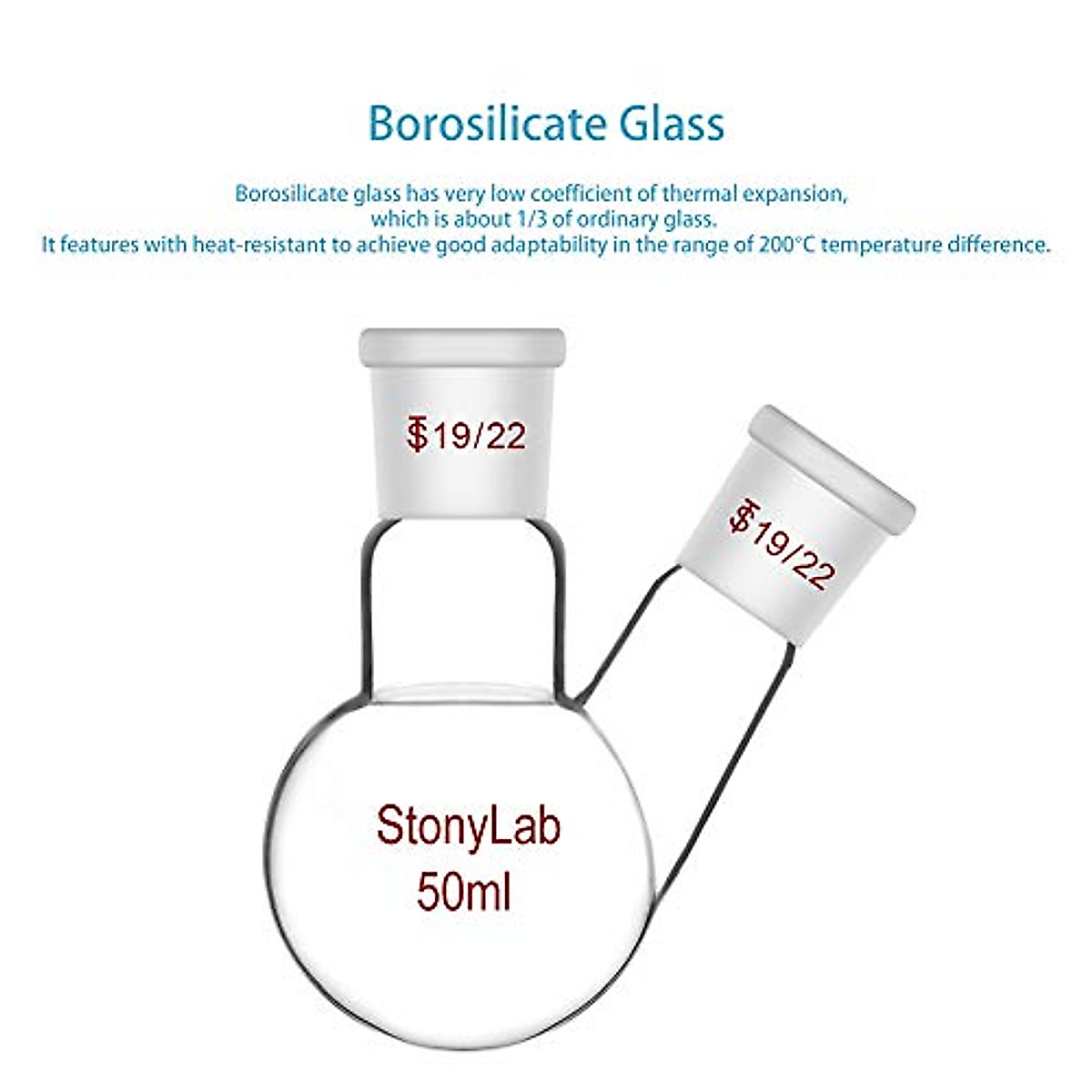 StonyLab Glass 50ml Heavy Wall 2 Neck Round Bottom Flask RBF, with 19/22 Center and Side Standard Taper Outer Joint - 50mL