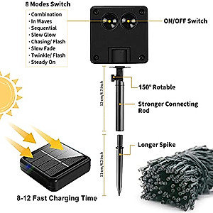 Red White Blue Solar String Lights Outdoor, 2 Sets Each 72.2Ft 200Led Patriotic Lights, 4th of July Decoration Green Wire Lights with 8 Modes for Memorial, Independence Day, Garden, Patio, Yard