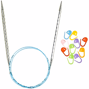 addi Rocket 2 Squared Ergonomic 20-inch (50cm) US 1 (2.5mm) Circular Knitting Needle, Textured Finish, Rounded Edges, Long Taper Sharp Tips, Blue Cord with 10 Colorful Stitch Markers