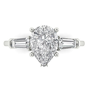 2.3 Ct Pear Cut Clear Simulated Diamond 14K White Gold Solitaire with Accents Three Stone Engagement Promise Bridal Ring Sz 7