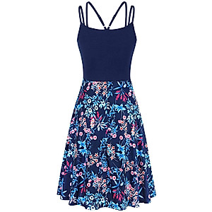 Moyabo Women's Summer V Neck Sleeveless Double Adjustable Spaghetti Strap A-line Mini Dress Navy Blue Flower X-Large