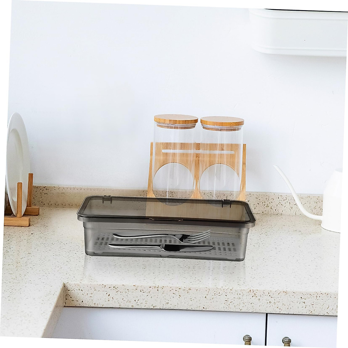 DOITOOL Flatware Tray with Lid and Drainer Kitchen Drawer Organizer, Kitchen Cutlery Tray and Utensil Drawer Organizer with Cover, Countertop Silverware Storage Container, 2.8x10x3.9