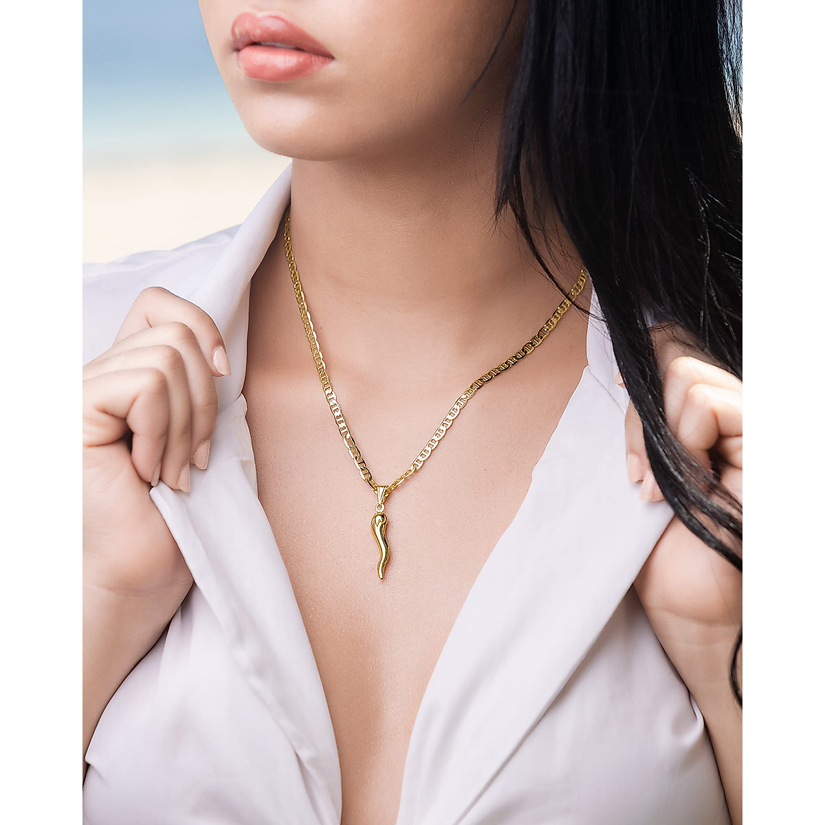 Barzel 18K Gold Plated Flat Marina Chain With Italian Horn Necklace Cornicello - Made In Brazil (18 Inches)