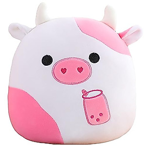 jschoclatt Cow Plush Pillow, 14" Cow Stuffed Animal Toy Kawaii Cow Plushie Hugging Pillow Gifts for Kids Birthday Girls Boys Valentines Day (Pink Boba Cow)
