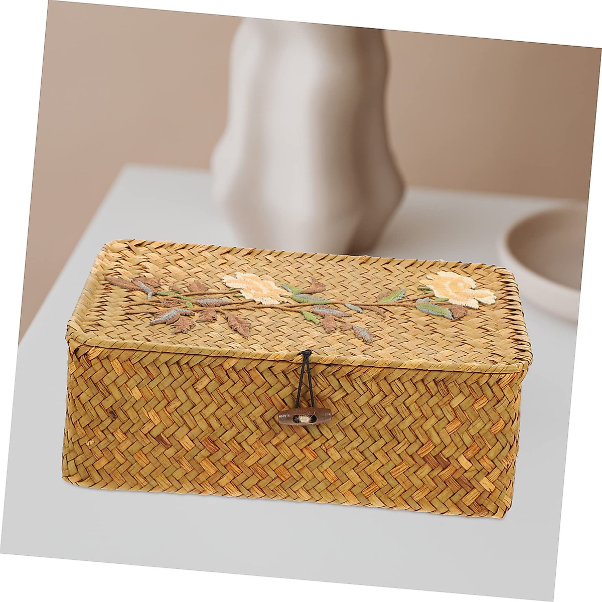 STOBAZA Rattan Storage Box Straw Embroidery Gift Box Simple Woven Basket Iron Lidded Box Rattan Basket