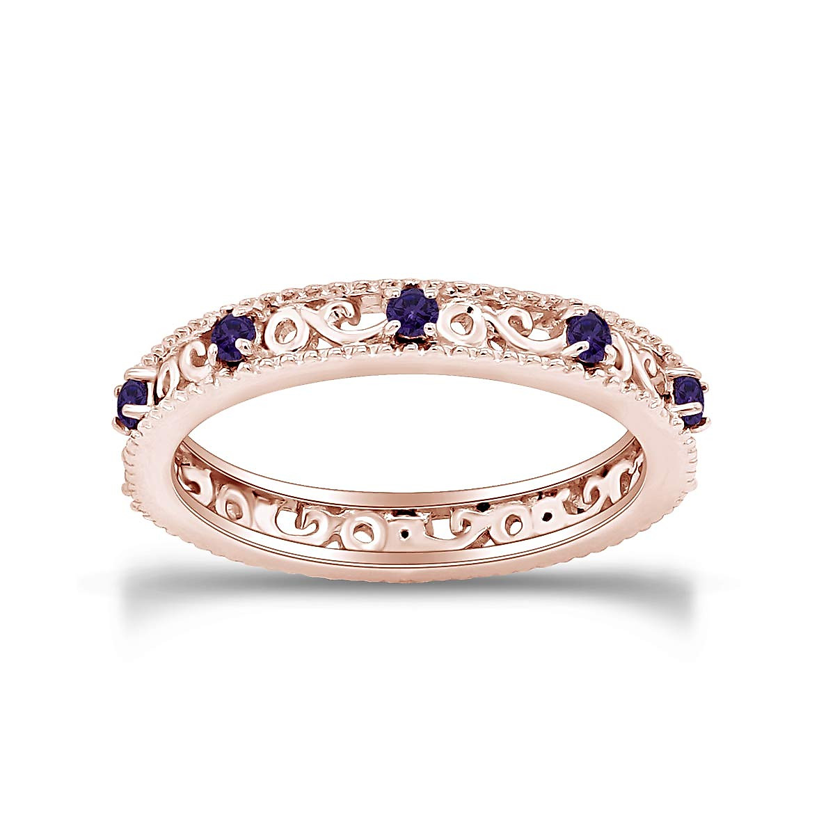 Jewel Zone US Round Cut Purple Simulated Alexandrite Stackable Ring in 14K Rose Gold Over Sterling Silver