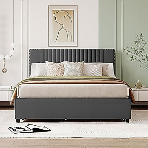 WADRI Queen Size Upholstered Platform Bed with 2 Drawers and 1 Twin XL Trundle, Linen Upholstered Platform Bed Frame with Wood Slats Support for Kids Teens Adult Bedroom (Gray + Linen 034)