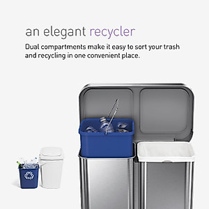 simplehuman 58 Liter / 15.3 Gallon Rectangular Hands-Free Dual Compartment Recycling Kitchen Step Trash Can with Soft-Close Lid, Brushed Stainless Steel