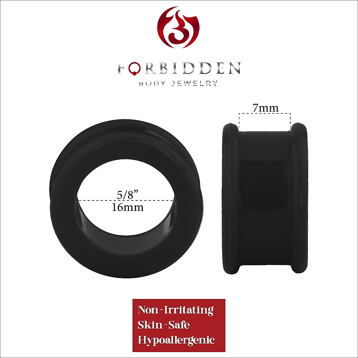 Forbidden Body Jewelry Set of Black 5/8 Inch Ultra Soft Comfort Fit Silicone Ear Gauges, 16mm Flat Double Flared Tunnel Plug Earrings