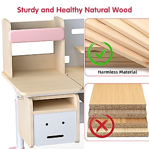 FCD Wood Adjustable Height Kids Study Desk Drafting Table Computer Station Built-in Bookshelf Hutch Multi Function (Pink)
