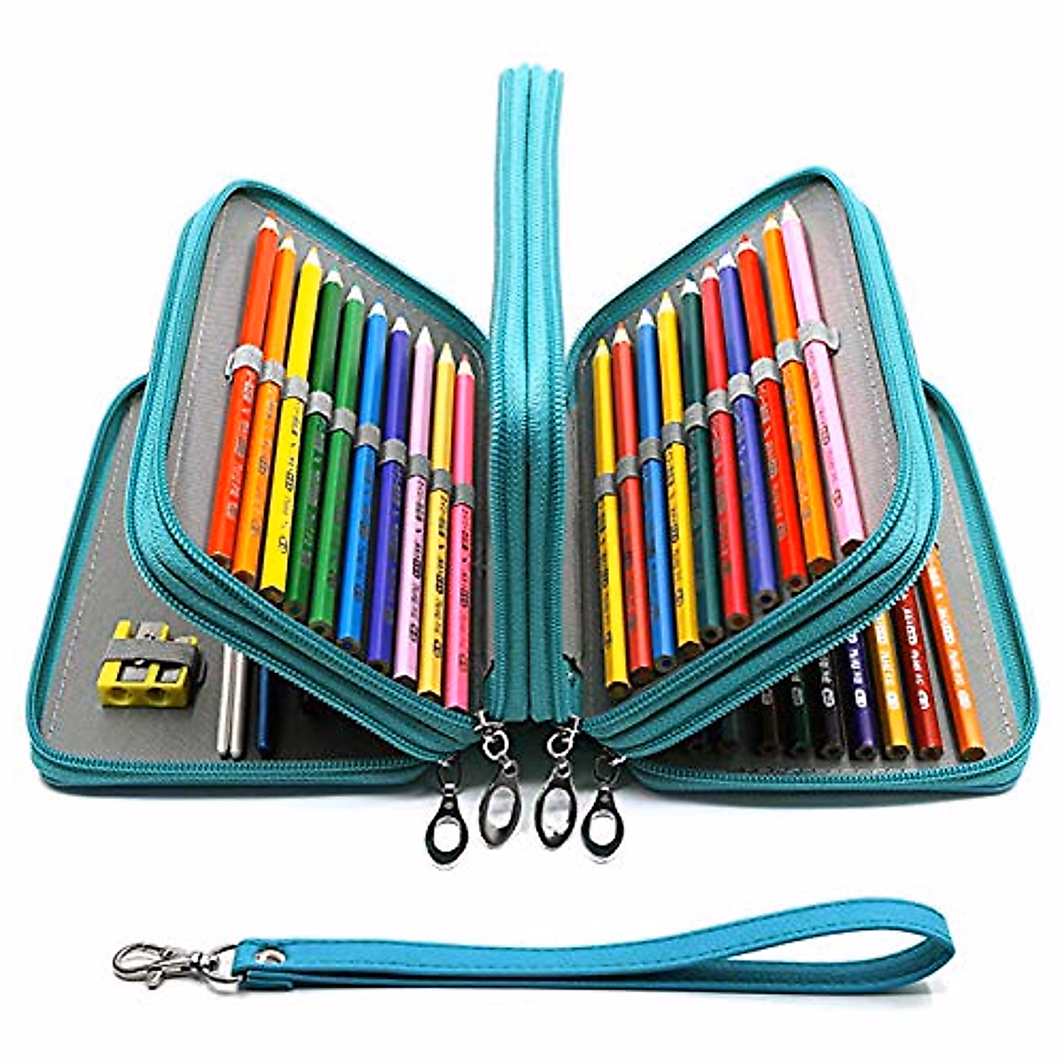YOUSHARES 72 Slots Pencil Case - PU Leather Handy Multi-layer Large Zipper Pen Bag with Handle Strap for Colored / Watercolor Pencil (Turquoise)