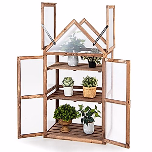 Giantex 3-Tier Garden Cold Frame, Portable Wooden Mini Greenhouse Storage Shelves, Transparent Flip-Top Roof, Indoor & Outdoor Raised Flower Planter for Garden, Patio, Balcony
