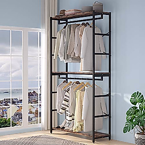 Tribesigns Free-standing Closet Organizer with 3 Storage Shelves and 2 Hanging Rod, Large Standing Clothes Garment Rack for Bedroom Living Room (Brown)