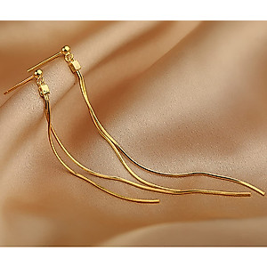 Reffeer Solid 925 Sterling Silver Tassel Chain Dangle Earrings for Women Teen Girls Long Dangle Drop Earrings Minimalist (B-18K Gold)