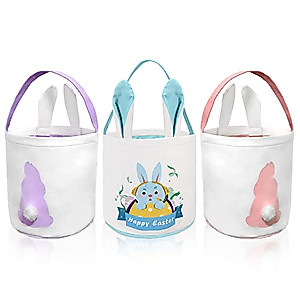Asbtos 3 Pack Easter Basket, Bunny Baskets for Kids with Cute Rabbit Ears Stripe Storage Gifts Candies, Blue, Pink, Purple(9 x 9 x 14 inches)