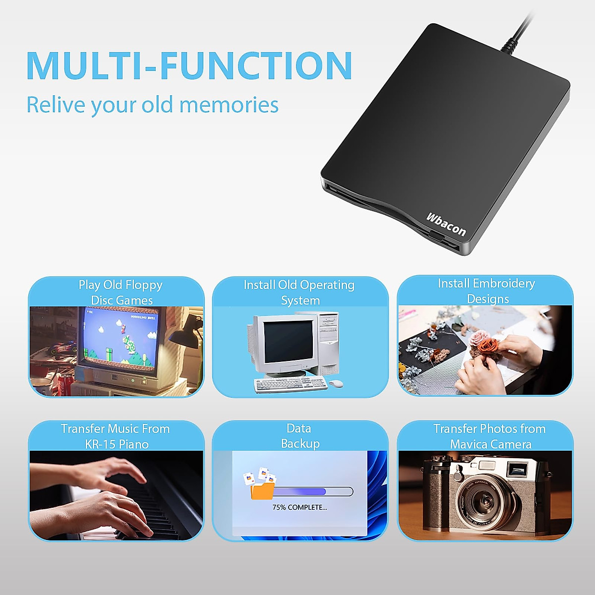 Wbacon USB Floppy Disk Drive, External 3.5inch Floppy Disk Reader for PC, Laptop, and Desktop Computers Compatible with Windows 10/8/7/2000/XP