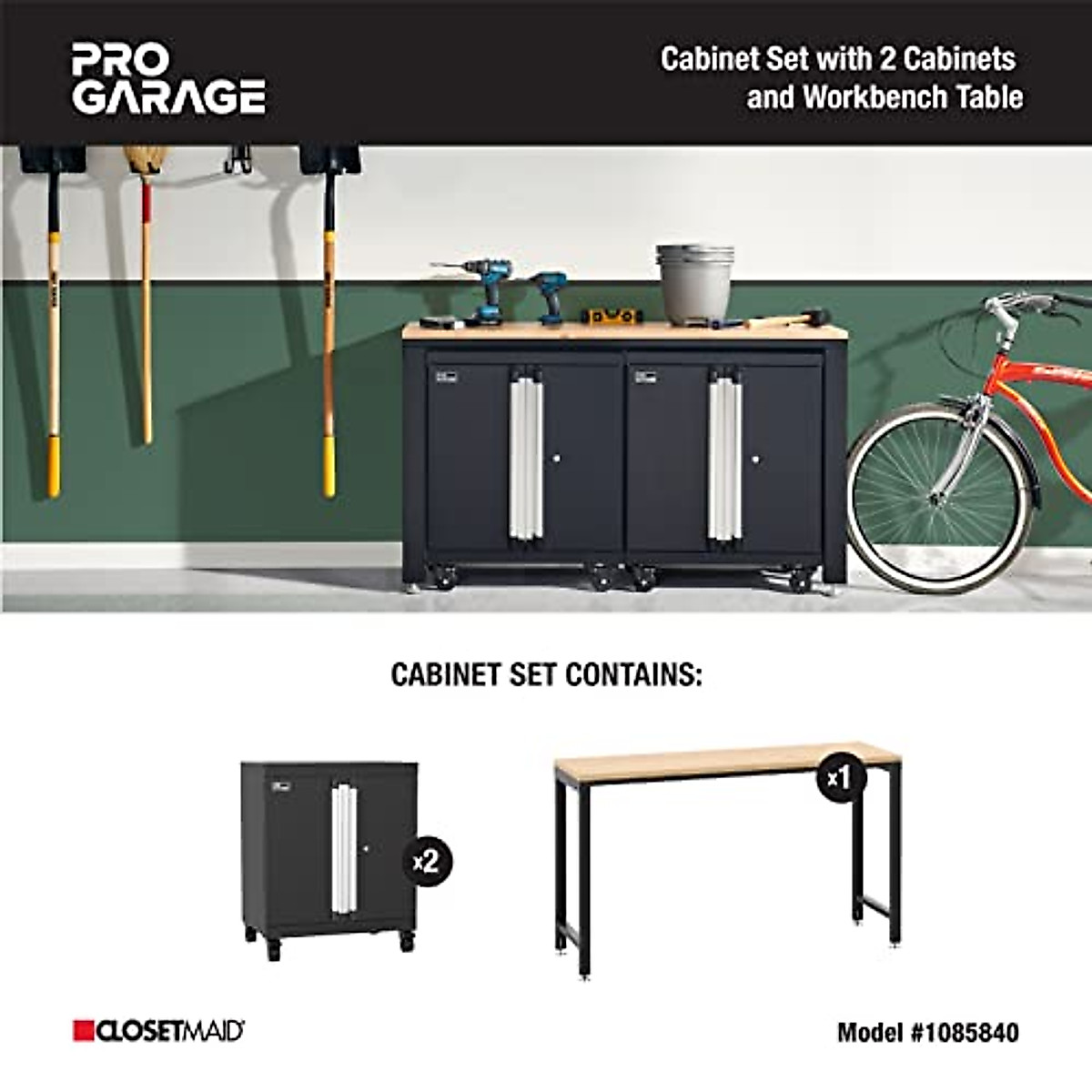 ClosetMaid ProGarage Garage Storage Base Cabinets & Workbench Top 3-Piece Set, Custom, Durable, Adjustable, Steel Construction, Black