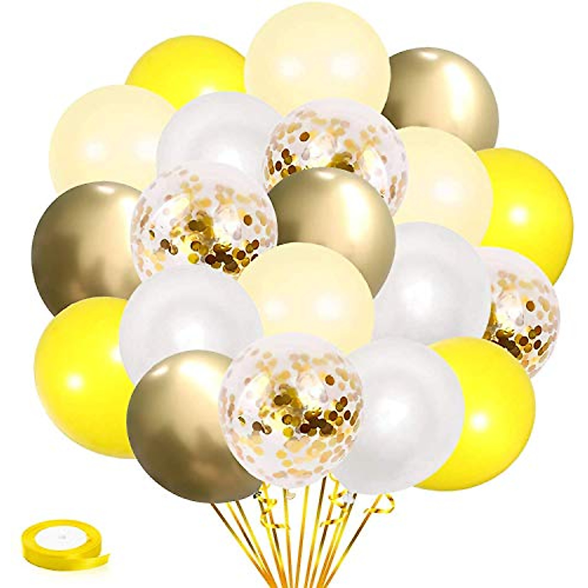 Yellow White Gold Confetti Balloons - 60 Pack 12 inch Pastel Yellow Latex Party Balloon for Sunflower Honeybee Theme, Birthday, Baby Shower, Wedding Decorations