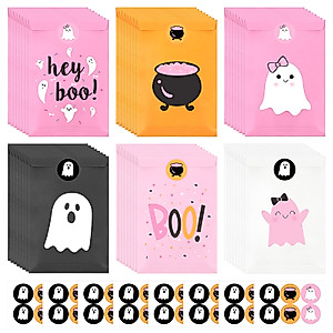 FHzytg 48Pcs Halloween Boo Party Favor Bags, Pink Halloween Ghost Candy Bags Halloween Party Gift Bags for Girl Halloween Spooky Birthday Decorations Boo Baby Shower Happy Boo Day Decorations