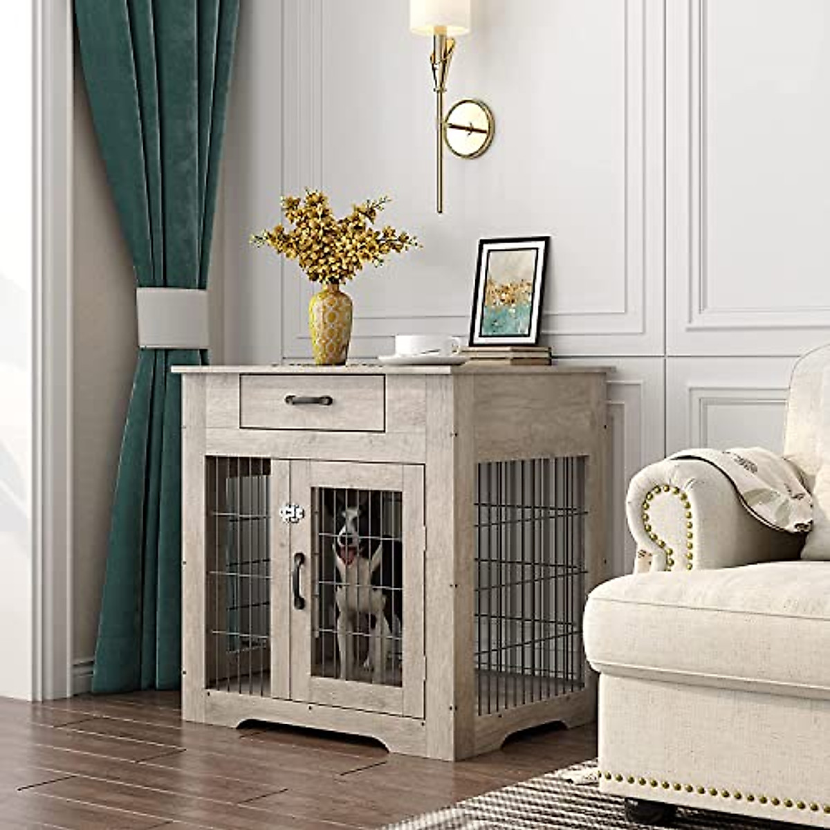 Fegherug Dog Crate Furniture for Small Dogs, Wooden Dog Kennel End Table with Drawer, Dog House Indoor Use, Chew-Proof, Casual Home Wooden Pet Crate, Indoor Pet Crate Side Table