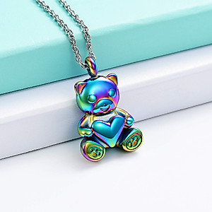 Cremation Jewelry Urn Nekclaces for Ashes for Women Gilrs Teddy Bear Keepsake Memorial Necklace for Human Pet Baby Ashes,Rainbow