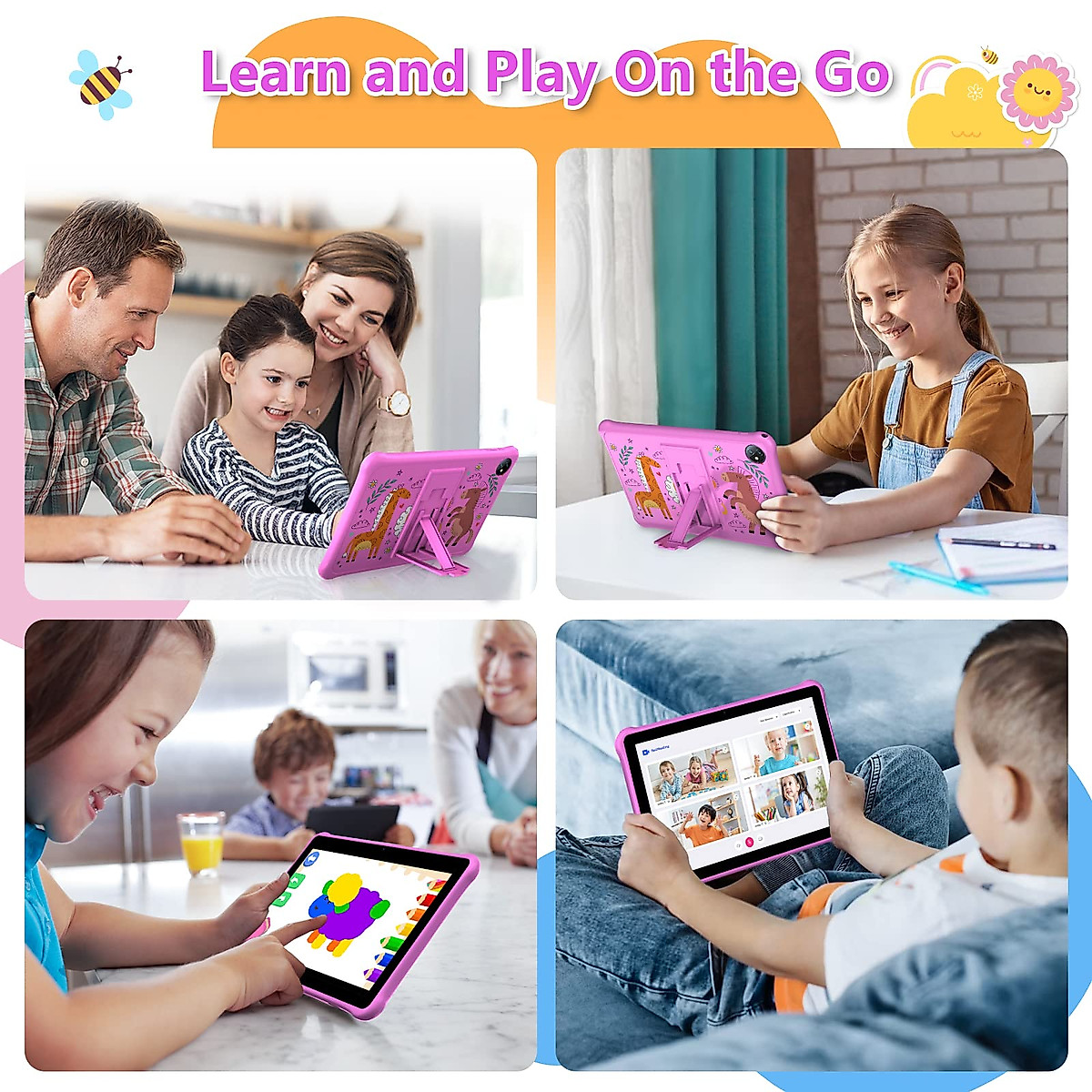 Blackview Kids Tablet Android 12 Tablet Tab A7 Kids 10.1 inch Tablets 64GB ROM 1TB Expand 6580mAh Tablet Toddler Tablet Bluetooth IPS HD+ Display Parental Control Educational Games Pink