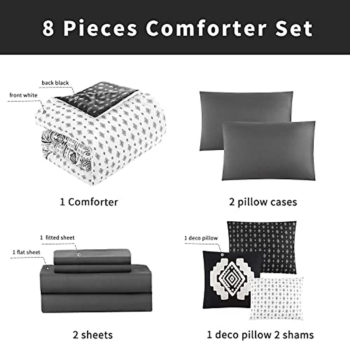 Geniospin Boho Queen Comforter Set, Boho Bed in a Bag 8-Pieces Bedding Set, Reversible Aztec Pattern, Design with Soft Microfiber, Lightweight, Warm and Breathable (White and Black, 90x90 Inches)