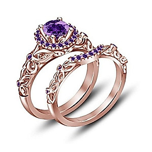 DRISHYA FASHION Round Purple Amethyst Bridal Disney Princess Engagement wedding Ring Set in 14K Rose Gold Plated (8)