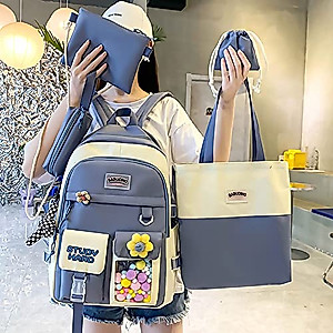 YGYCF Kawaii Backpack 5Pcs Set for Student with Cute Knot Accessories - School Bags for Teen Girls Back to School Supplies Essentials Aesthetic Bookbag, C Blue