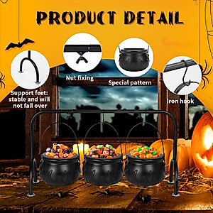 Rdogeia Halloween Decorations Indoor,Halloween Decor- Set of 3 Halloween Witches Cauldron Candy Serving Bowls on Rack,Black Plastic Cauldron with Skeletons for Indoor Outdoor Home Kitchen Decoration
