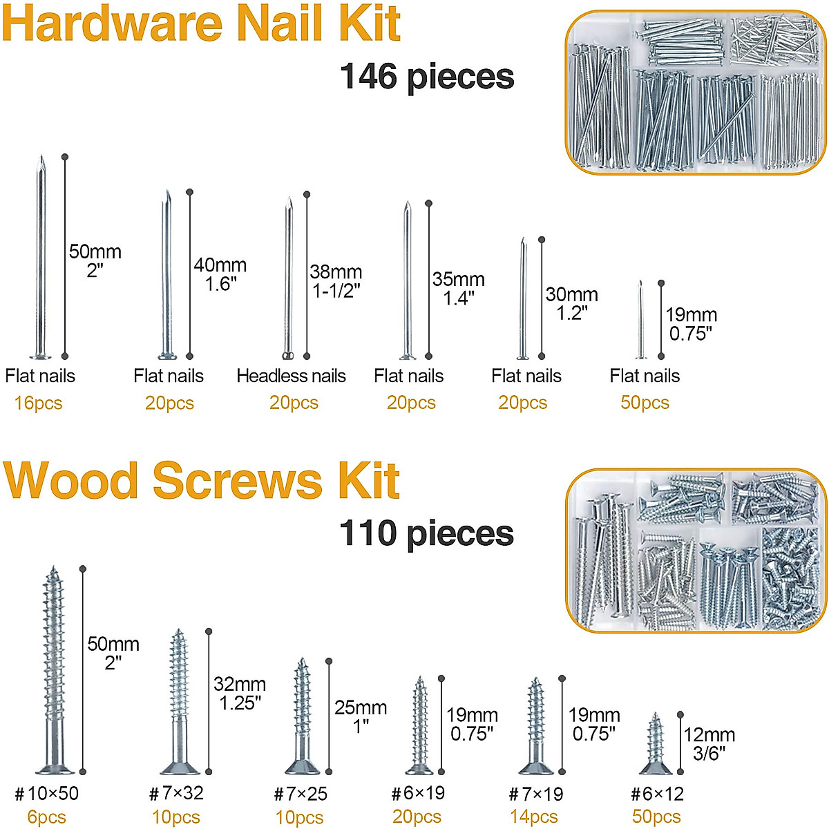KURUI Hanging Nails and Wood Screws Assorted Kit 256PCS, 110 Philips Flat Head Screws and 146 Picture Hanging Nails, 6 Sizes Small Nails and Small Screws Assortment with Organizer Box