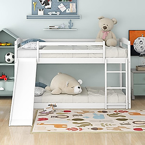 Low Bunk Beds Twin Over Twin Bunk Bed with Slide and Ladder, Wooden bunk Bed for Toddlers Kids Boys Girls (White)